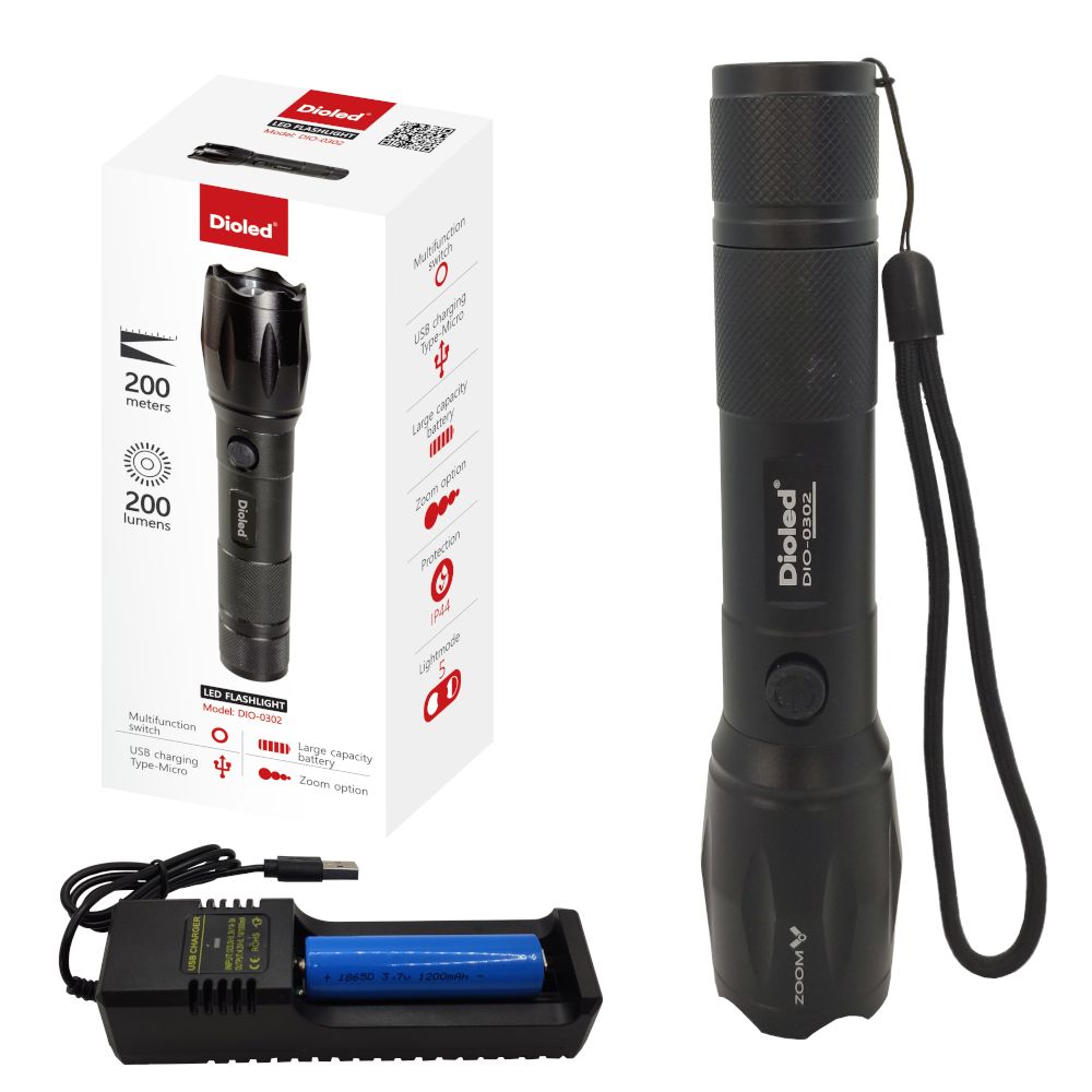 Latarka ręczna LED akumulatorowa taktyczna 200lm ZOOM USB na baterie ...