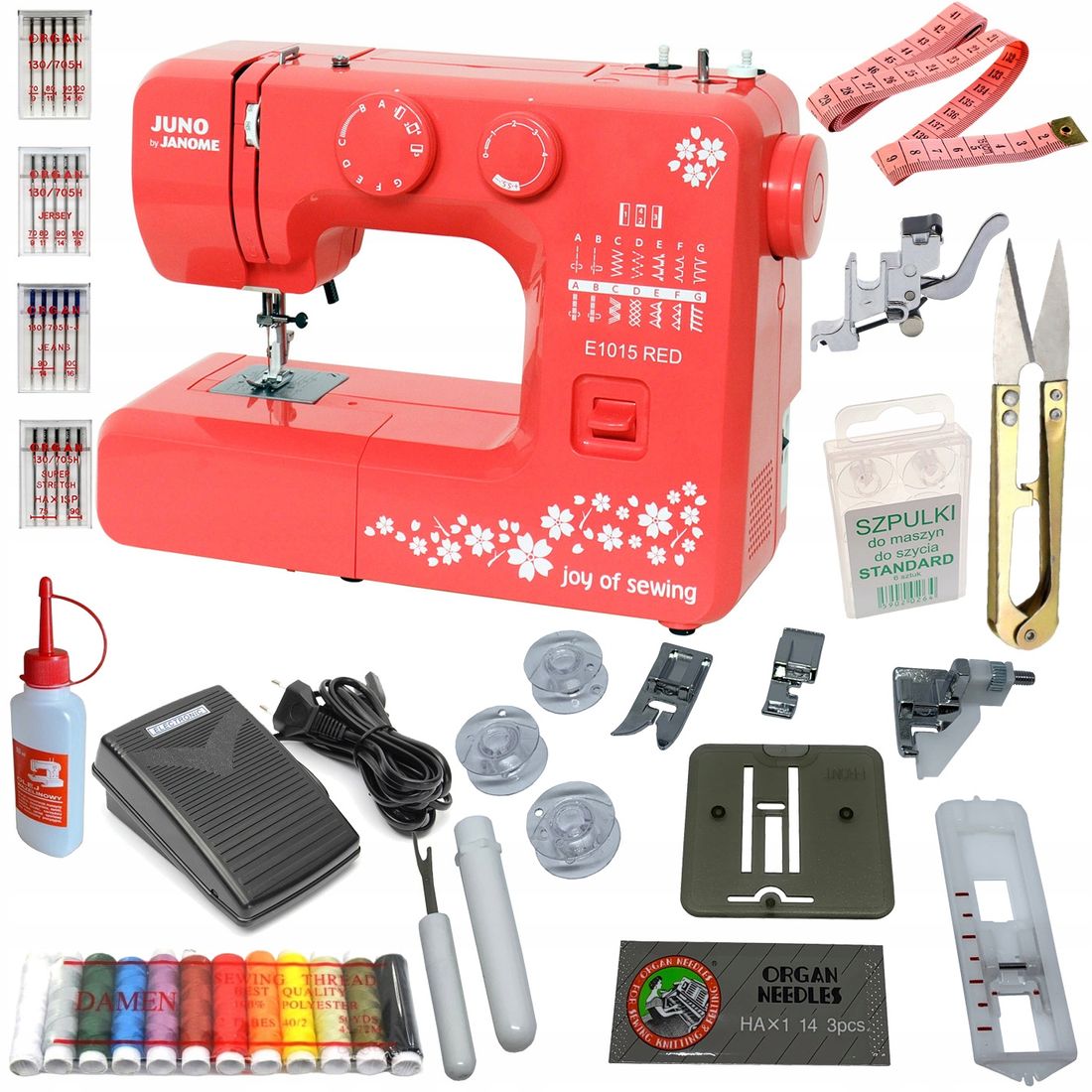Maszyna do szycia w domu JANOME JUNO E1015 RED czerwona ZESTAW - ERLI.pl