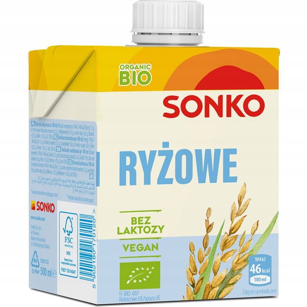 Sonko Ryżowe Organic Bio Mleko Roślinne 500ml x12 - ERLI.pl