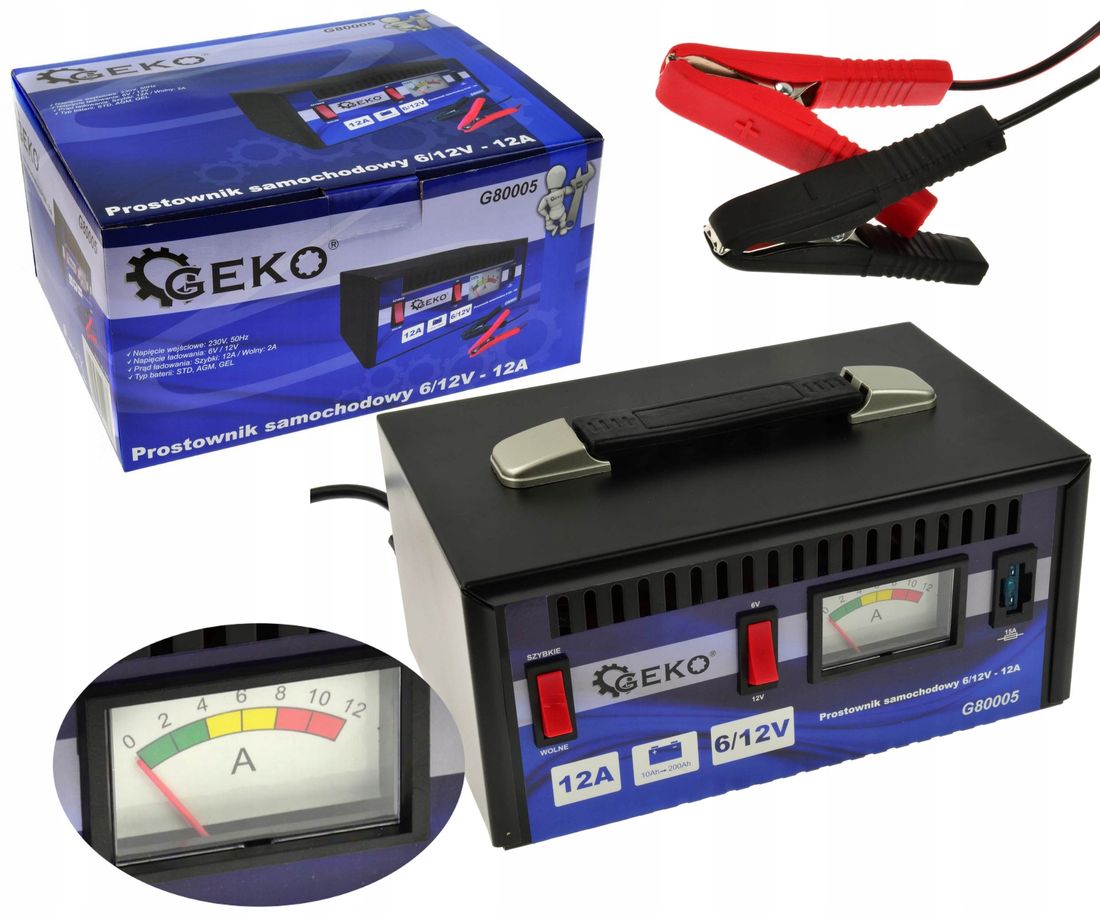 GEKO PROSTOWNIK SAMOCHODOWY ŁADOWARKA DO AKUMULATORÓW 6/12V 12A - ERLI.pl