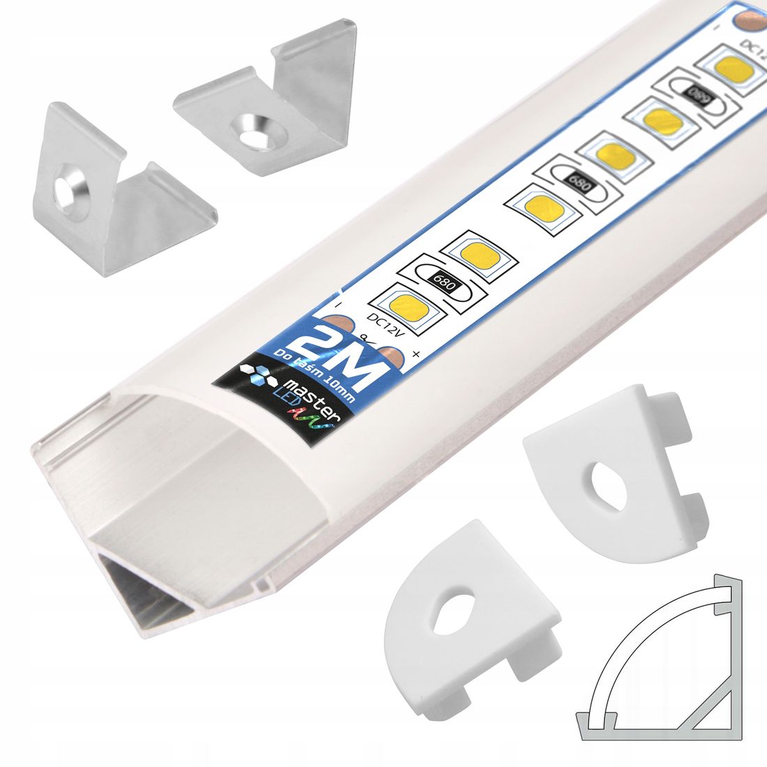 PROFIL LED kątowy narożny Do TAŚMA aluminiowy + KLOSZ 2M zaślepka ...