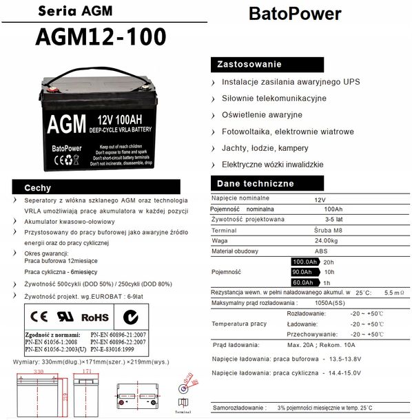 AKUMULATOR AGM 12V 100Ah DEEP-CYCLE KAMPER UPS - ERLI.pl
