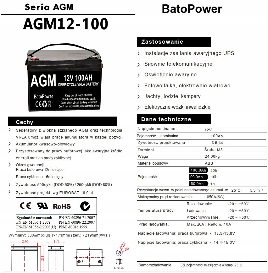 AKUMULATOR AGM 12V 100Ah DEEP-CYCLE UPS - ERLI.pl