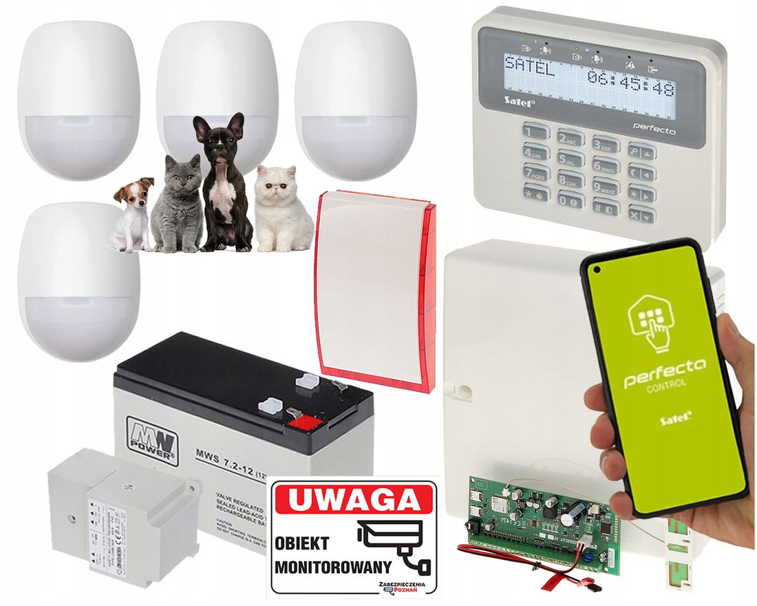 Alarm Satel Perfecta 16 4x czujki DS-PDP18-EG2(P) Hikvision zwierzęta ...