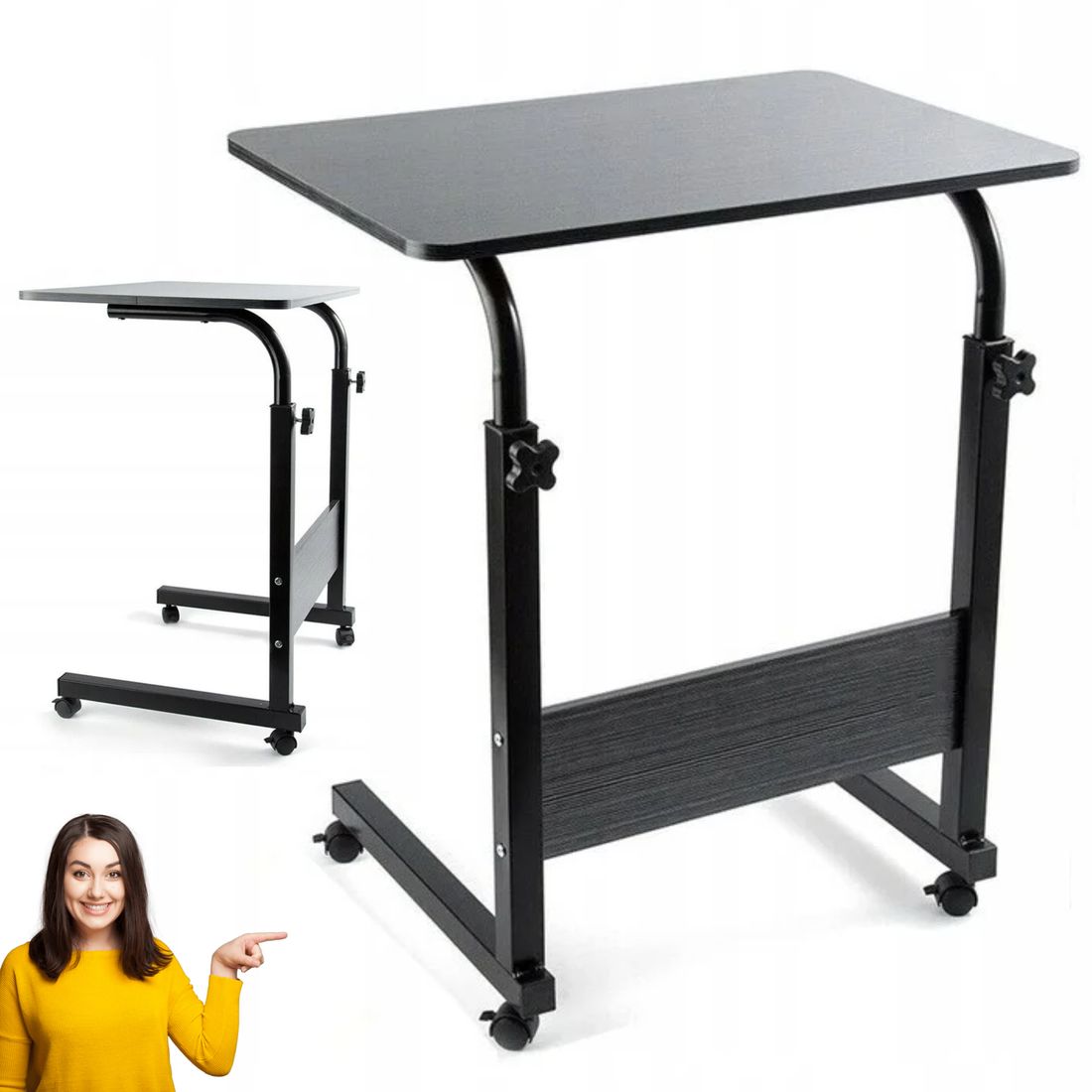 MOBILNE BIURKO STOLIK POD LAPTOPA NA KÓŁKACH REGULACJA WYSOKOŚCI CZARNY ...