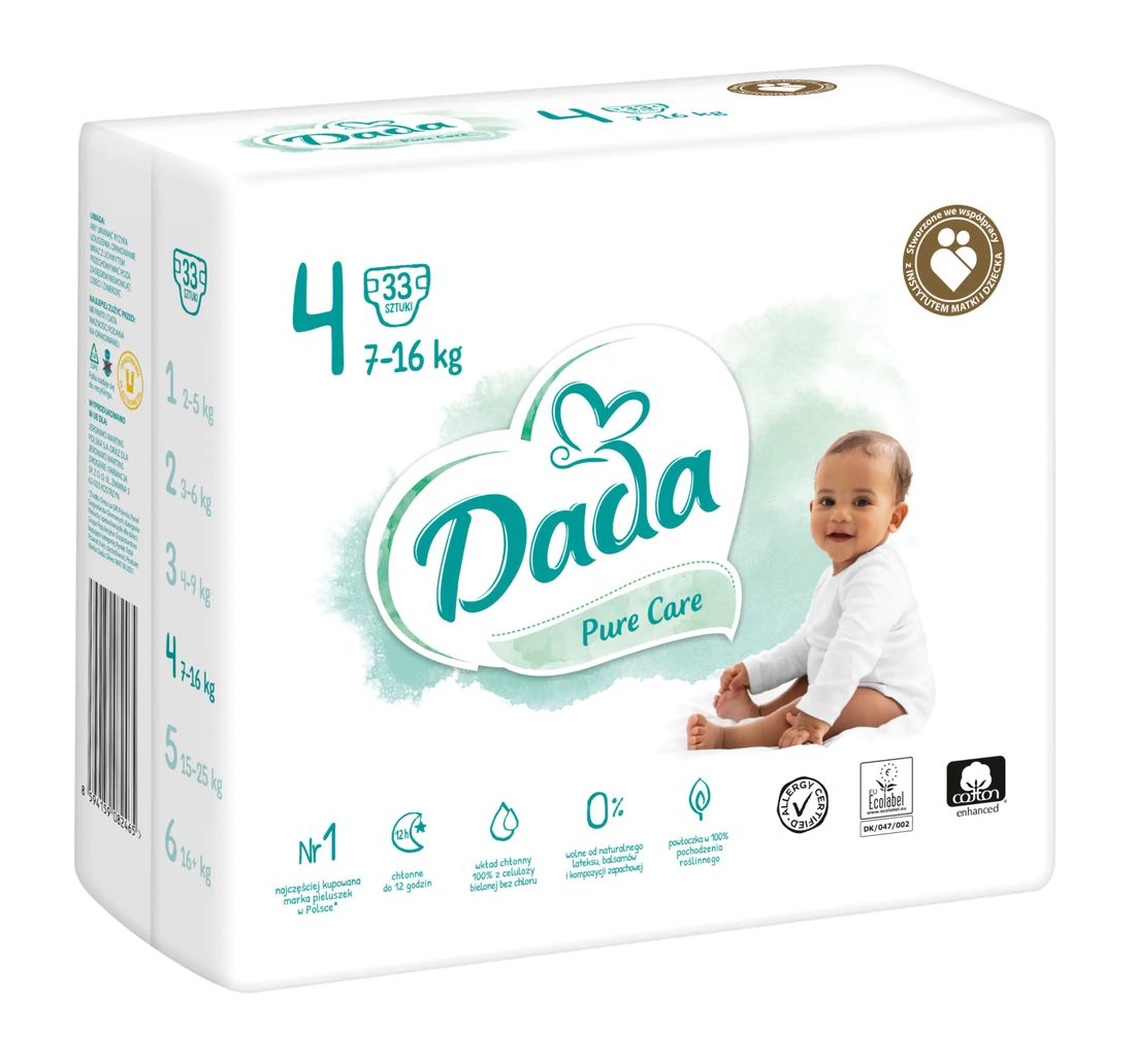Pieluszki DADA Pure Care 4 MAXI 7-16kg Pampersy 33 sztuki - ERLI.pl