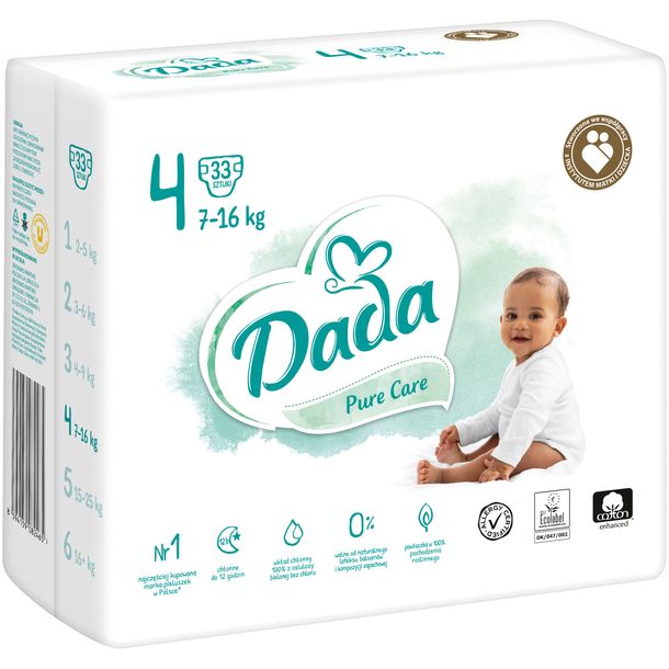 Pieluszki DADA Pure Care 4 MAXI 7-16kg Pampersy 33 sztuki - ERLI.pl