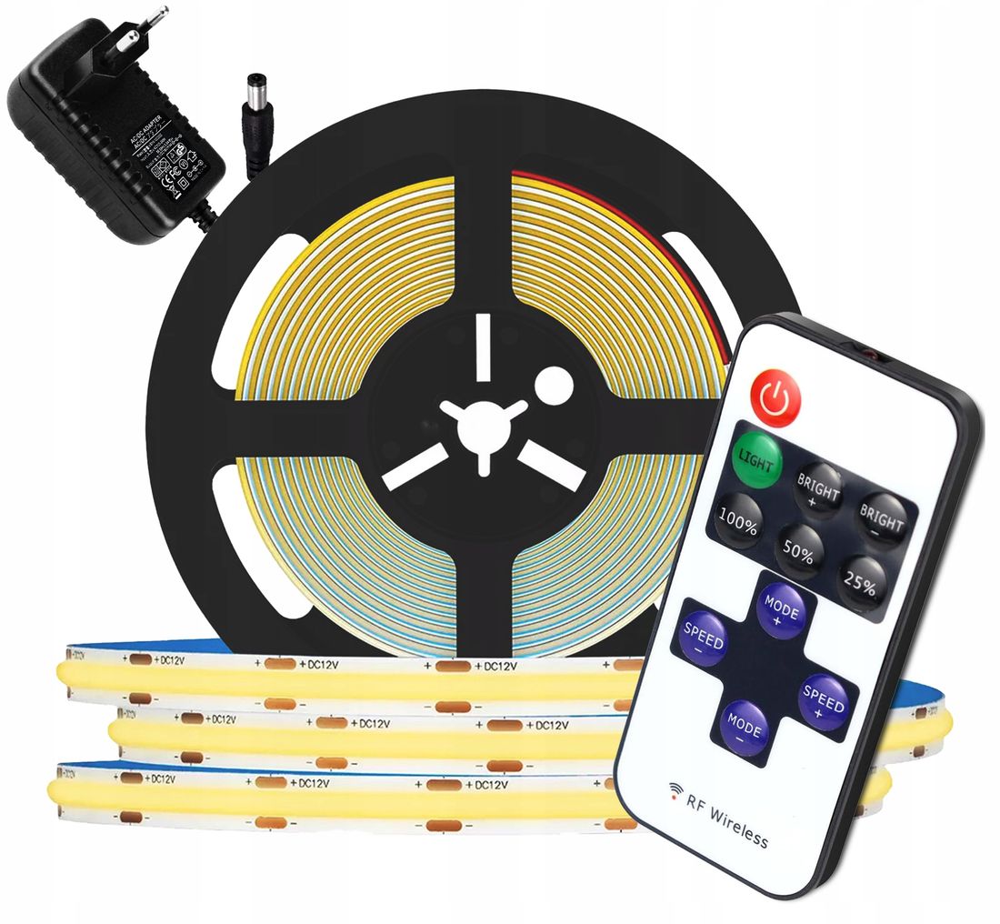 Taśma LED listwa COB 12V 3M Linia NEON Neutralny + zasilacz wtyk 30W ...