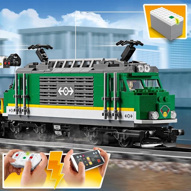 LEGO POCIĄG ZDALNIE STEROWANY TOWAROWY ZESTAW TORY WAGONY STACJA ...