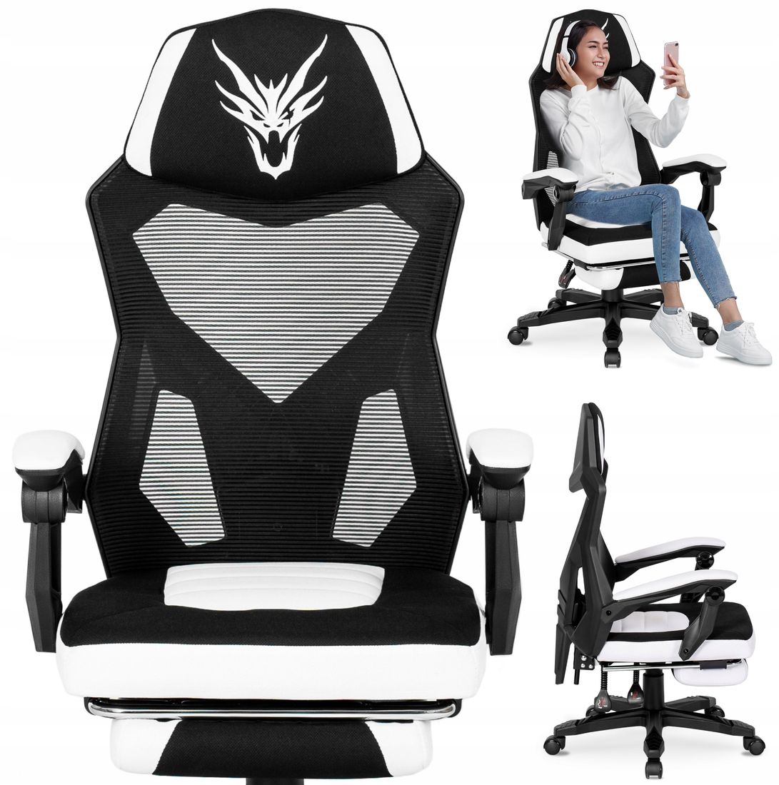Fotel Gamingowy Obrotowy Krzesło Biurowe z Podnóżkiem Czarny Biały BING ...