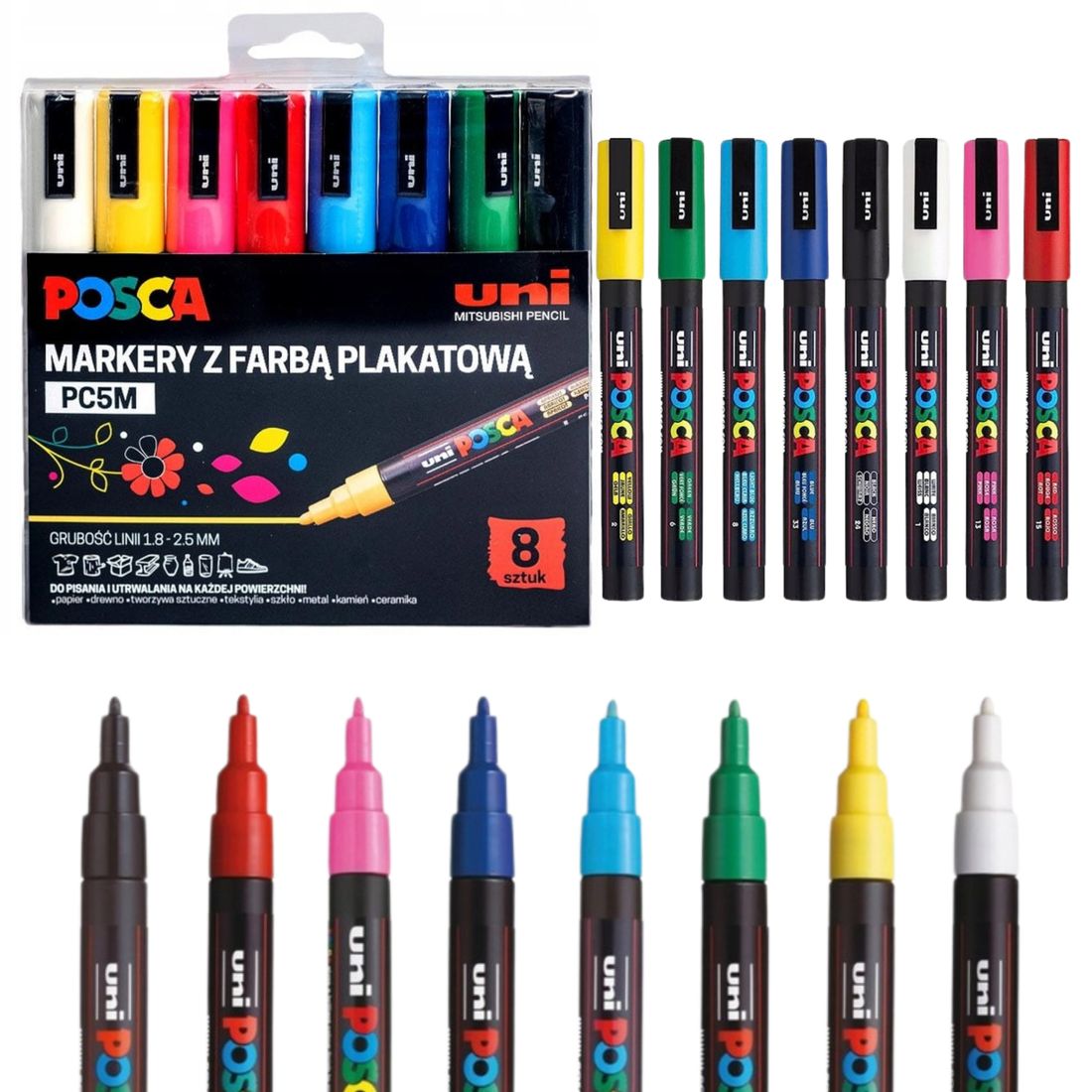 ZESTAW MARKERY UNI POSCA 8W1 PISAKI Z FARBĄ PLAKATOWĄ PC-5M - ERLI.pl