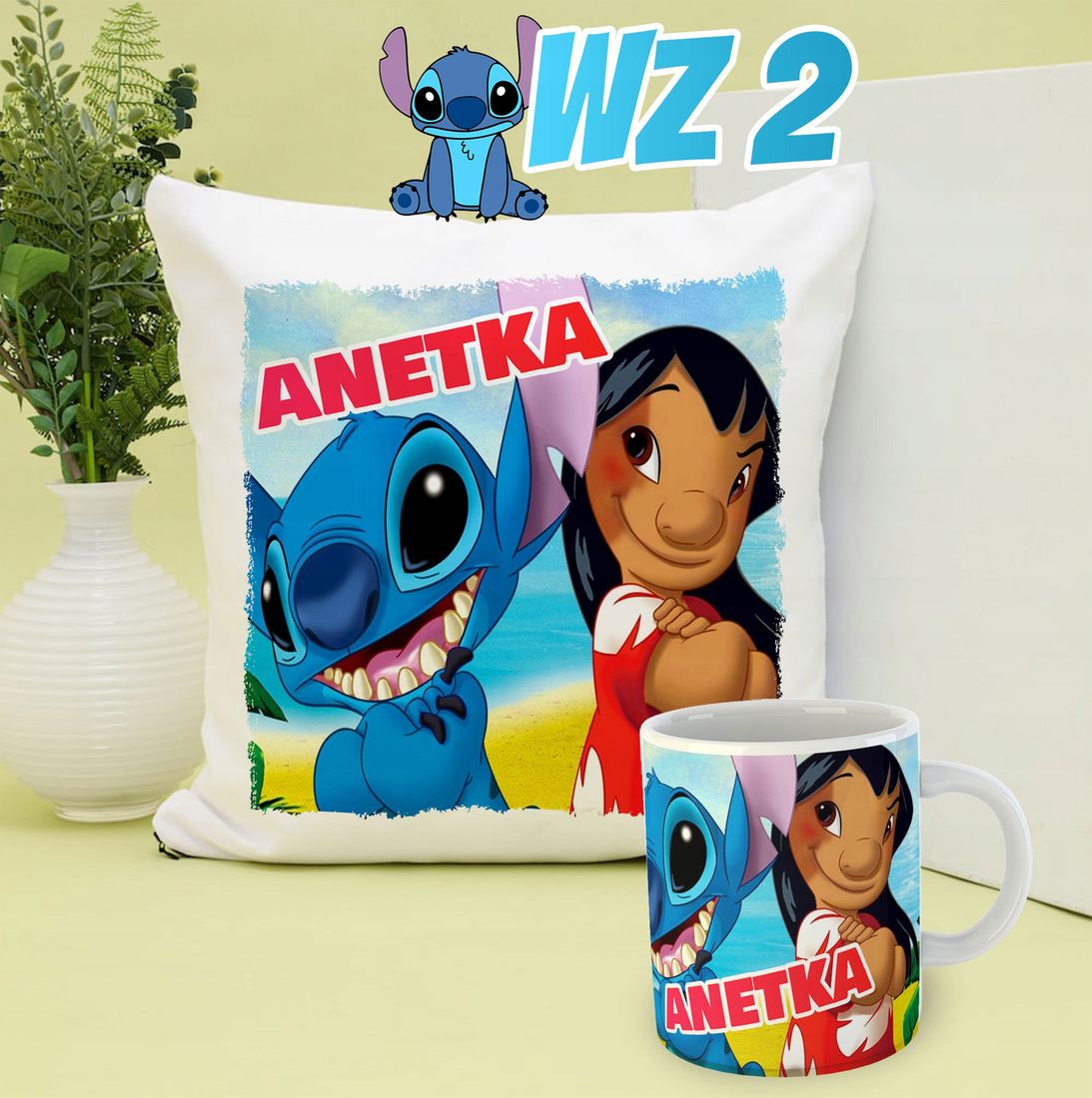 ZESTAW PODUSZKA KUBEK LILO I STICH OHANA DISNEY PREZENT IMIĘ Y5 - ERLI.pl
