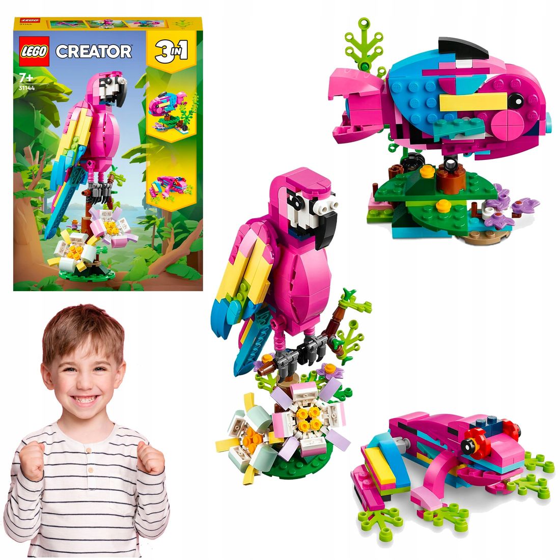 LEGO CREATOR EGZOTYCZNA RÓŻOWA PAPUGA TROPIKALNA 3w1 RYBA ŻABA KOLOR ...