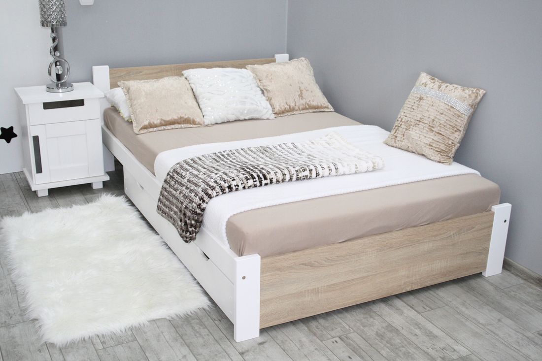 Łóżko 3D 100x200 białe + dąb sonoma stelaż masywne - ERLI.pl