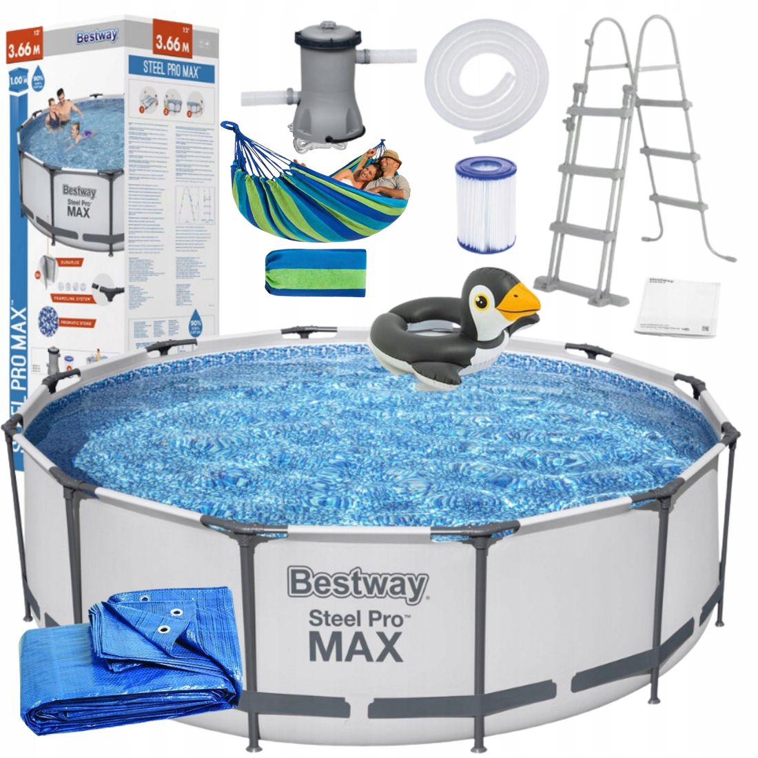 BASEN STELAŻOWY BESTWAY 366X100 DUŻY OGRODOWY 14w1 KOMPLET MATA KOŁO POMPA - ERLI.pl