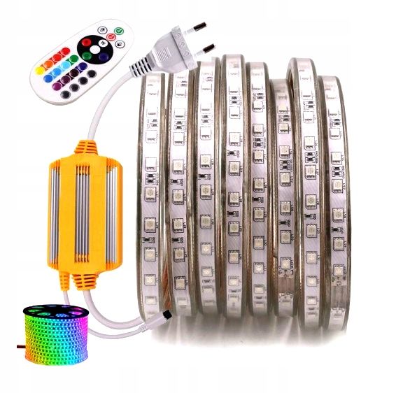 TAŚMA LED RGB 230V ZESTAW 5M WODOODPORNA + PILOT - ERLI.pl