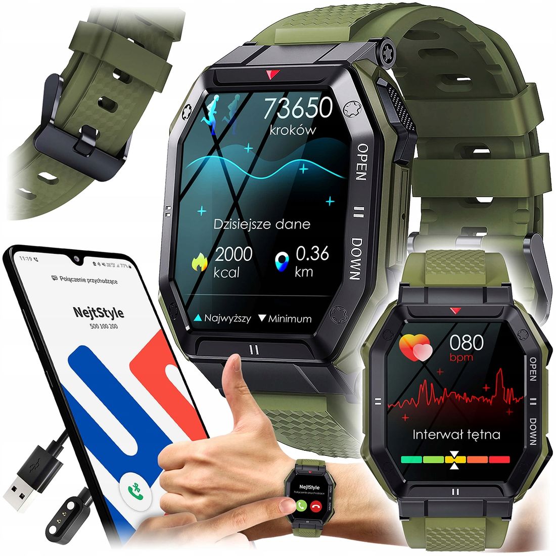 SMARTWATCH ZEGAREK MĘSKI MILITARNY ROZMOWY PULS DUŻA BATERIA POLSKIE ...