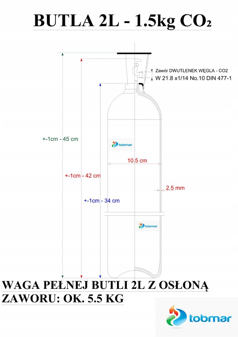 Nowa Pełna Butla Gazowa Butle 2L 1,5kg CO2 DWUTLENEK WĘGLA SPOŻYWCZY ...
