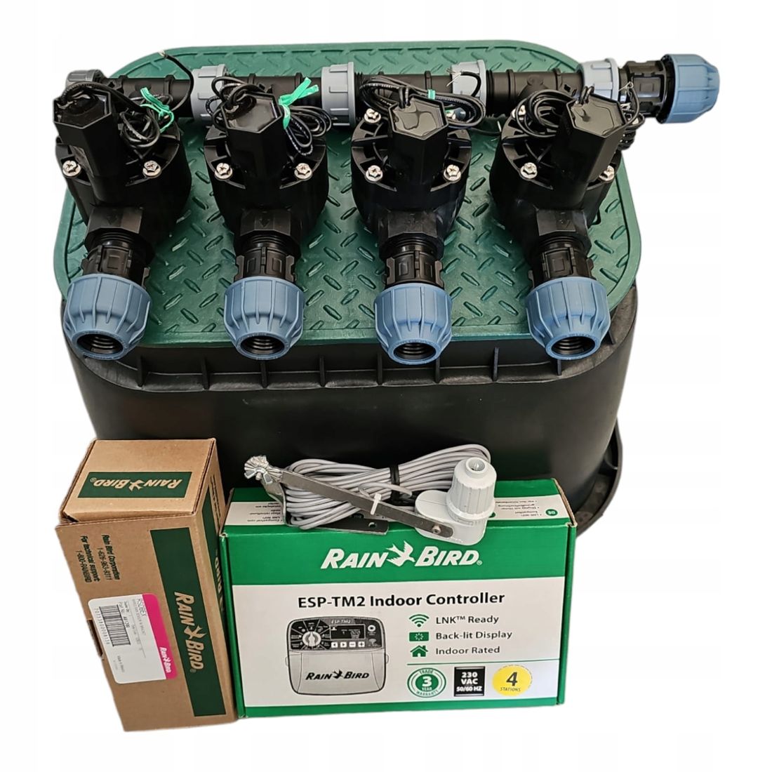 Zestaw Rain Bird 4 sekcje HV z korkiem Sterownik TM2 Czujnik RSDBEX PE 25 - ERLI.pl