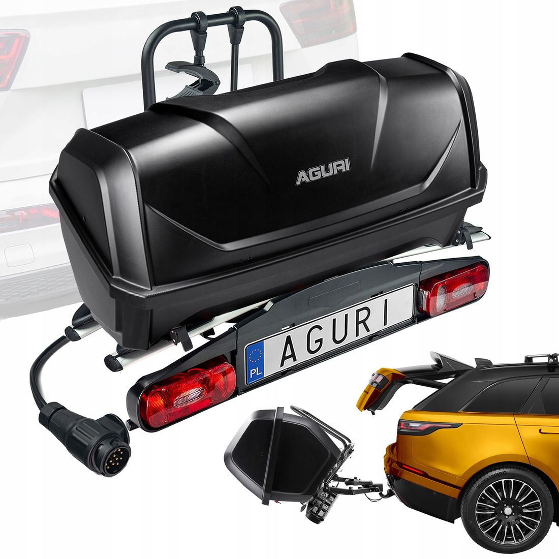 BAGAŻNIK na 2 ROWERY PLATFORMA AGURI + BOX NA HAK KUFER 340L | SREBRNY ...