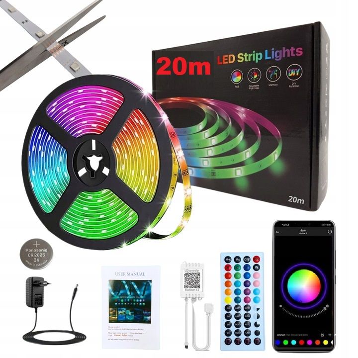 TAŚMA LED 20M Ledy RGB 5050 APLIKACJA Listwa RGBW 230v 12v MOCNA NA ...
