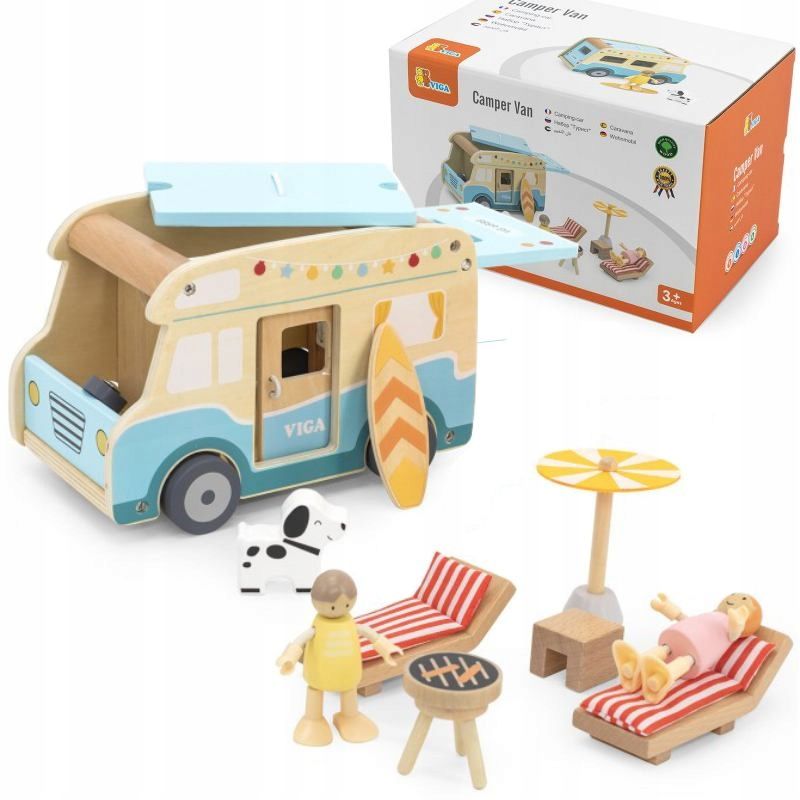 VIGA DREWNIANA ZABAWKA KAMPER VAN 2 FIGURKI BUS SAMOCHÓD WAKACJE PLAŻA ...