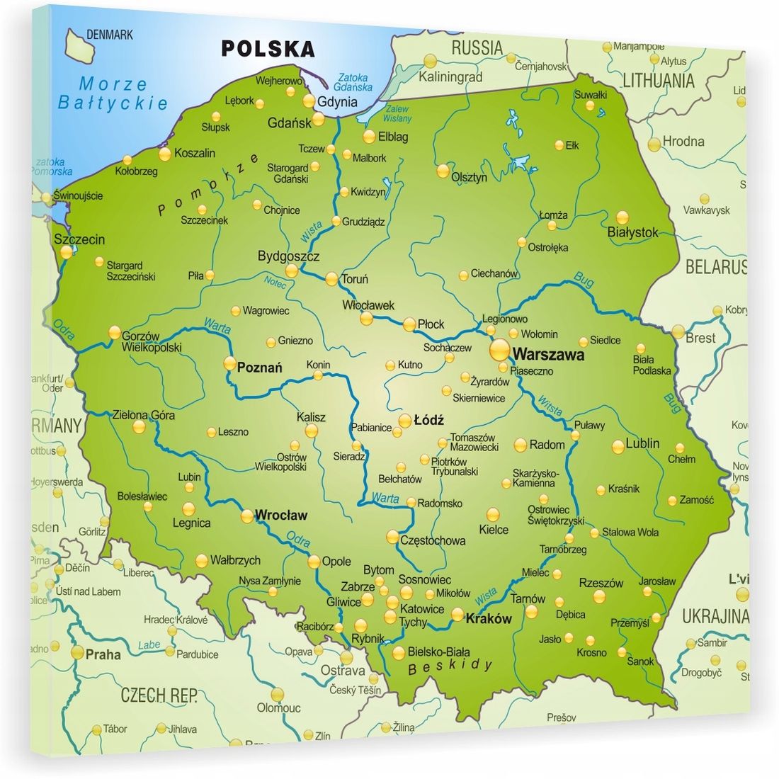 TABLICA KORKOWA MAPA POLSKI Po Polsku MIASTA WOJEWÓDZTWA 90x90 PINEZKI ...