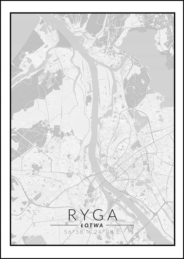Ryga mapa czarno biała - plakat 70x100 cm – 190250634 - ERLI.pl