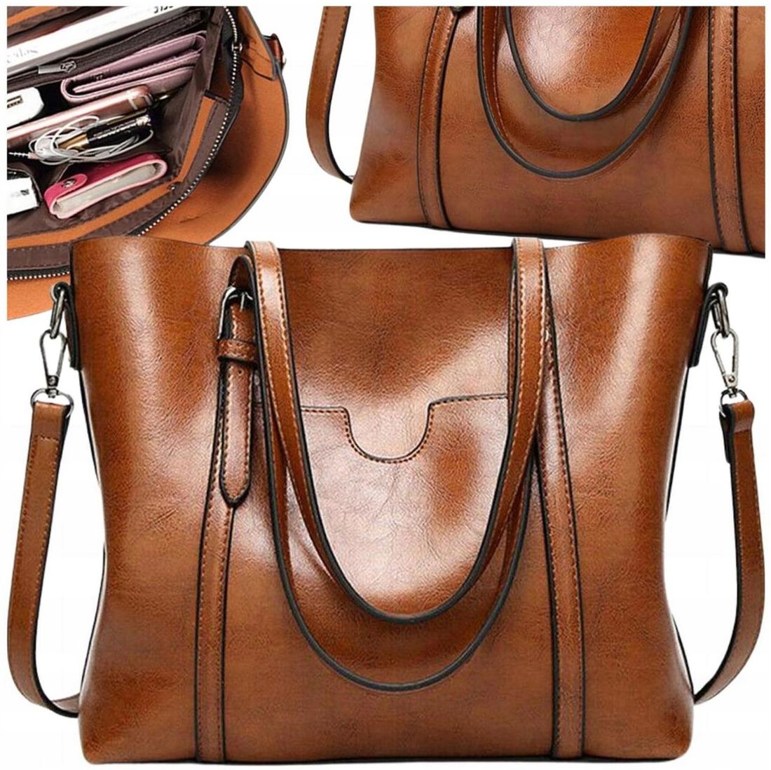 Torebka duża skórzana szoperka klasyczna damska A4 - ERLI.pl