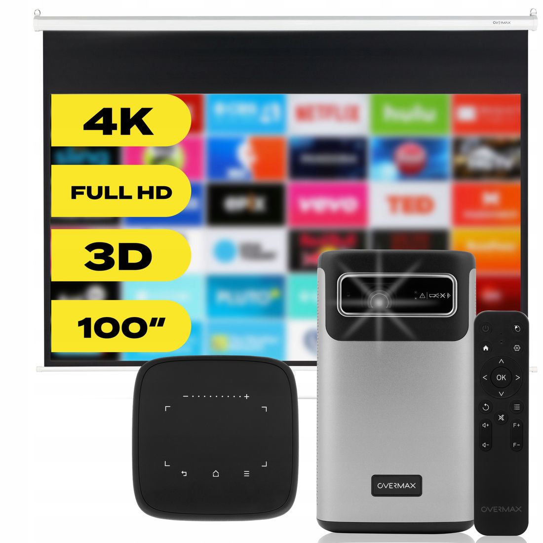 Przenośny Rzutnik 4K 9.0 200” PILOT ETUI STATYW + EKRAN PROJEKCYJNY 100 ...
