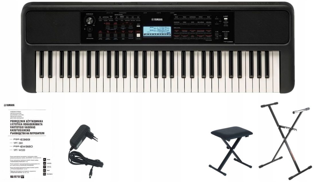 YAMAHA PSR E-383 E383 KEYBOARD KLAWISZ DO NAUKI + STATYW + ŁAWA + KURS ...
