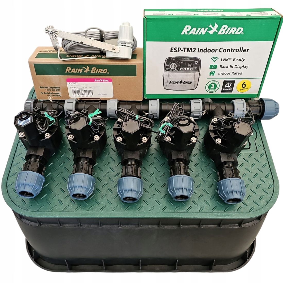 Zestaw Rain Bird 5 sekcji HV z korkiem Sterownik TM2 Czujnik RSDBEX PE ...