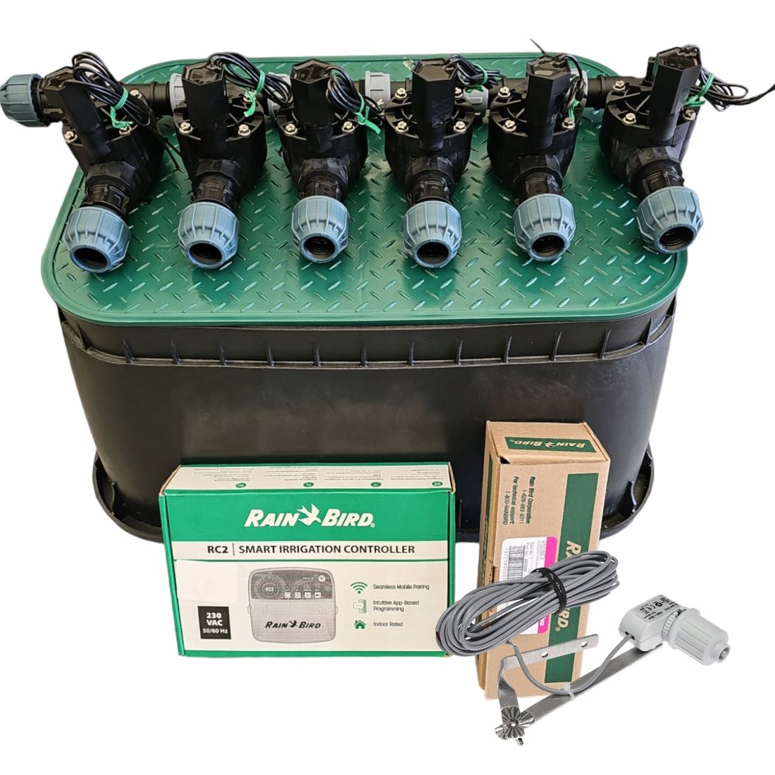 Zestaw Rain Bird HV 6 sekcji Kolektor Sterownik RC2 WiFi Czujnik RSD PE ...