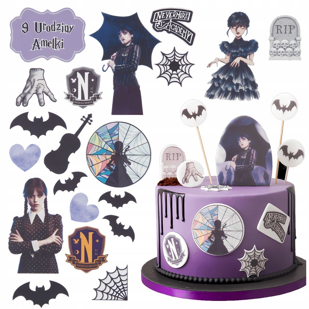 Opłatek na Tort WEDNESDAY Zestaw Postaci 19 el + GRATIS Tabliczka Napis ...