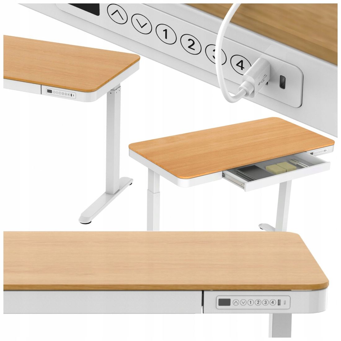 Biurko z regulacją wysokości elektryczne białe USB z szufladą ...