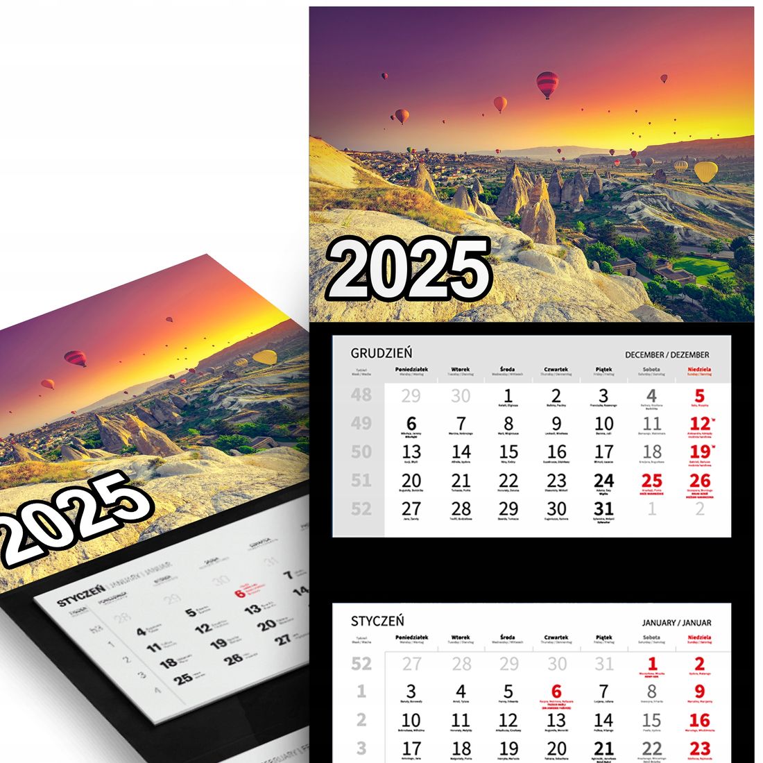 KALENDARZ 2025 TRÓJDZIELNY ŚCIENNY Miesięczny - Kapadocja Lot Balonem Wzory – 197551216 - ERLI.pl