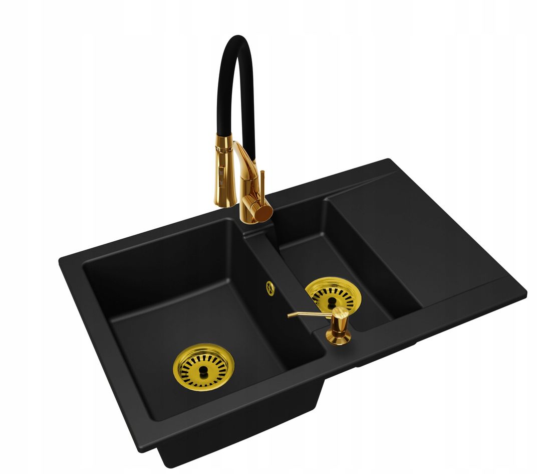 Zlew granitowy 1,5 komory ociekacz Bat. Doz. ZŁOTO – 156833403 - ERLI.pl