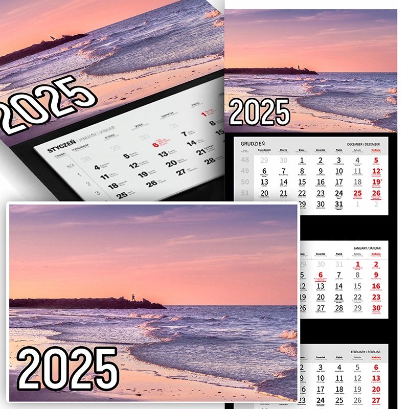 TRÓJDZIELNY KALENDARZ Na Ścianę 2025 Piękne KRAJOBRAZY Pejzaż MORZE Wzory - ERLI.pl
