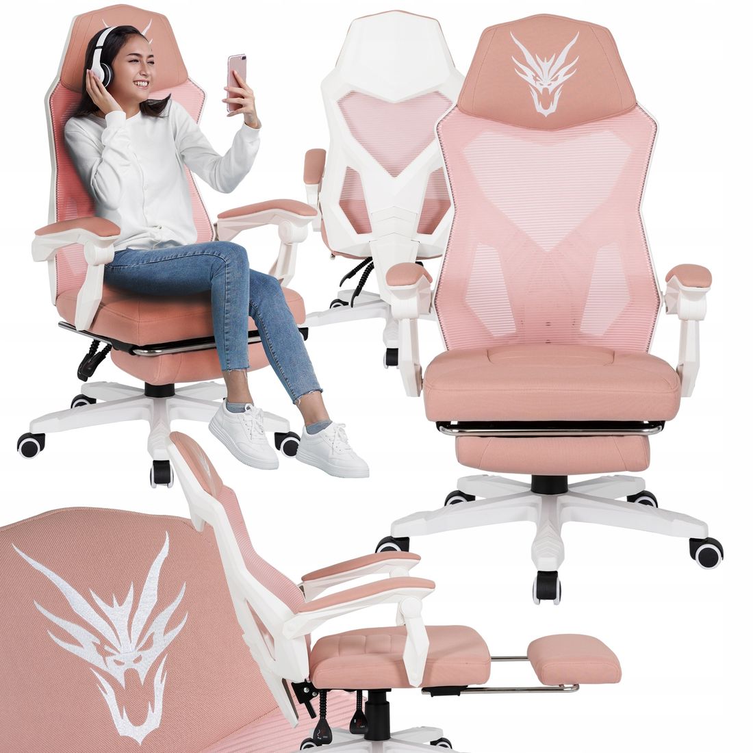 Fotel gamingowy biurowy kubełkowy krzesło gamingowe dragon różowy BING ...