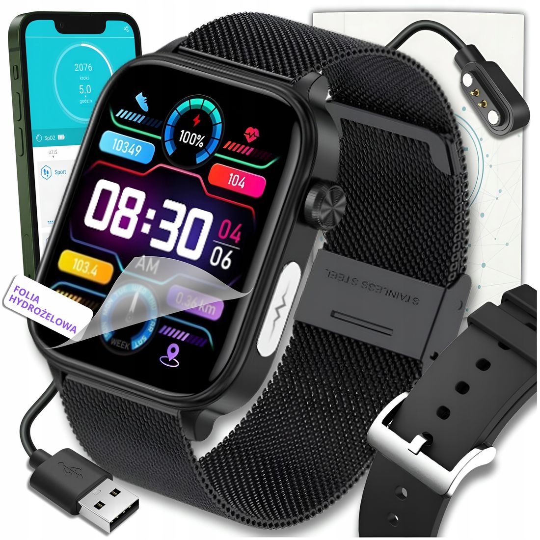 SMARTWATCH MĘSKI ZEGAREK EKG ROZMOWY POMIAR CUKRU PL MENU TĘTNO SMART ...