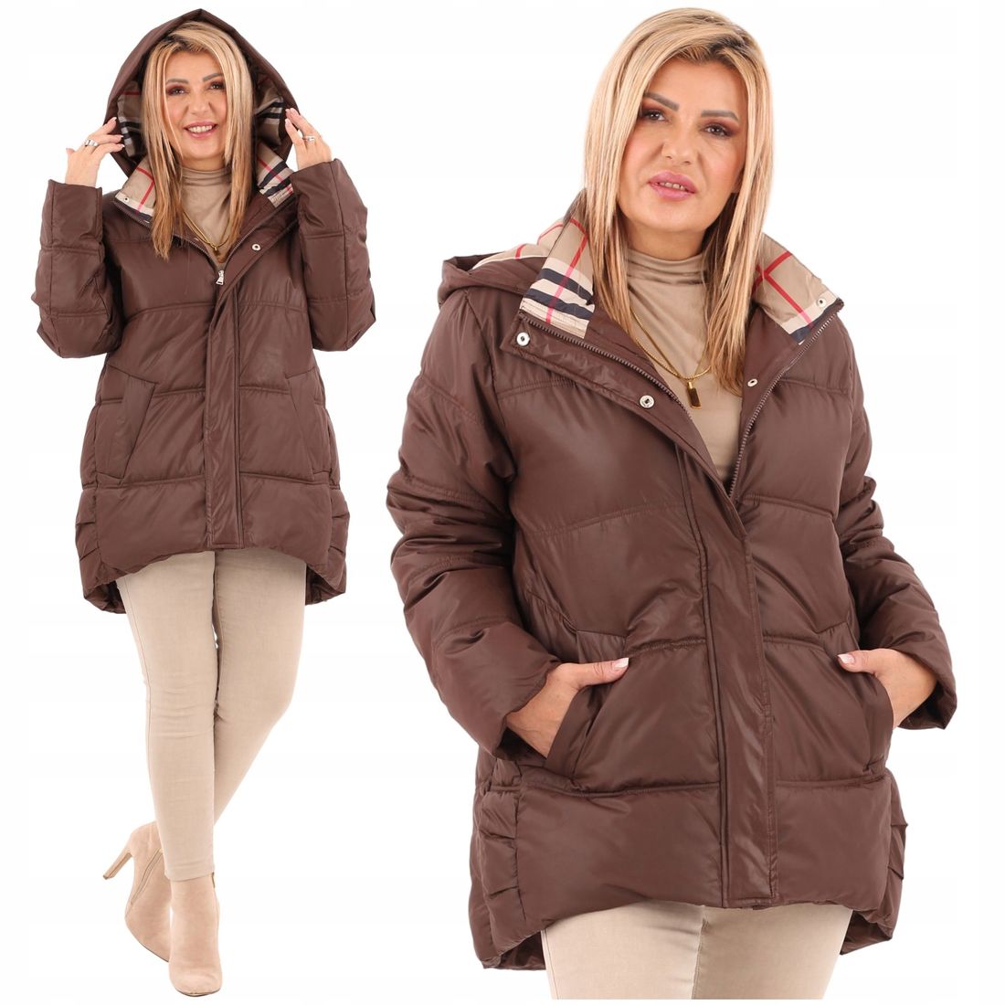 KURTKA PRZEJŚCIOWA DAMSKA DUŻE ROZMIARY ASYMETRYCZNA WYGODNA Z KAPTUREM ...