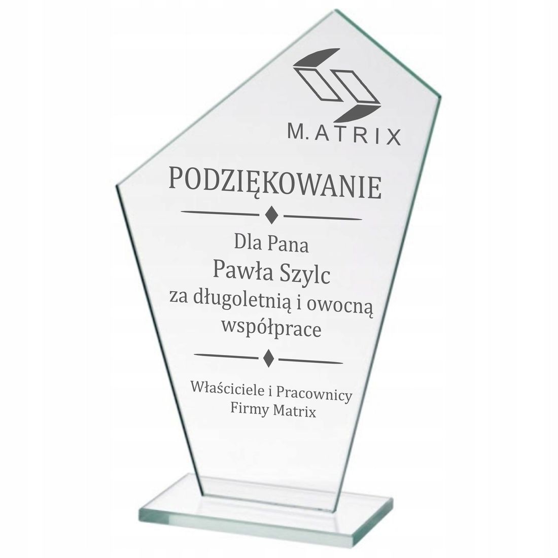 Statuetka Szklana z Personalizowanym Grawerem Prezent Podziękowanie ...