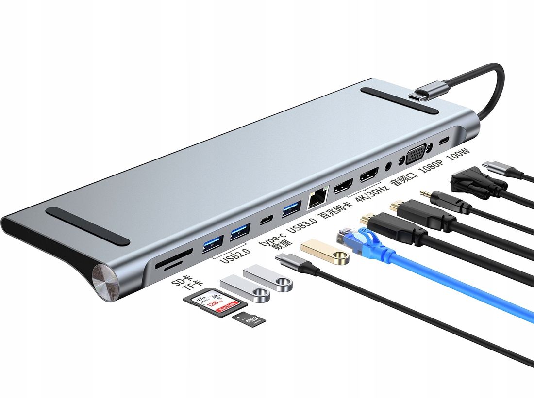 Stacja Dokująca USB C 3.0 HDMI 4K RJ45 LAN PD 12w1 Adapter do Laptopa – 205277276 - ERLI.pl