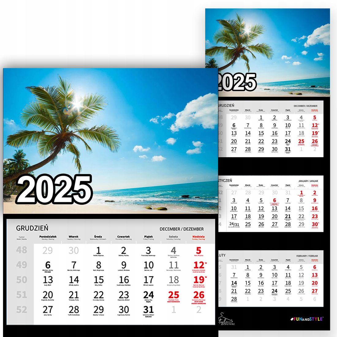 KALENDARZ TRÓJDZIELNY 2025 PALMA NAD PLAŻĄ MORZE Ścienny Wzory – 207524142 - ERLI.pl