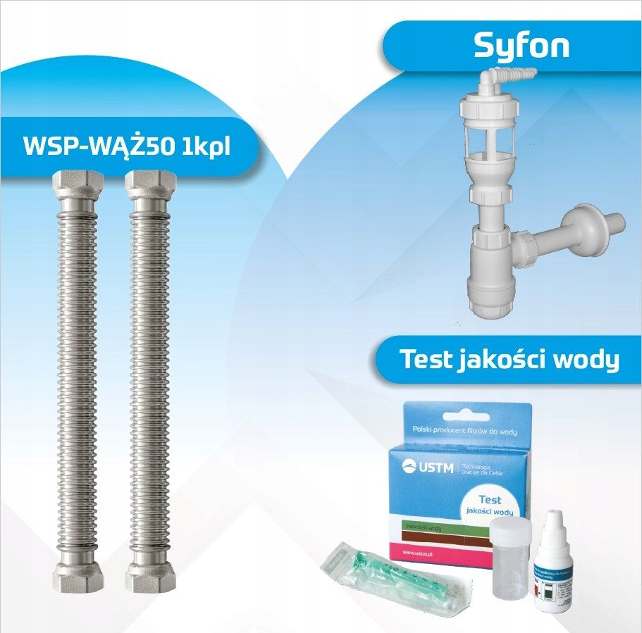 Zestaw instalacyjny do zmiękczacza (wąż-50cm 1kpl, syfon, test twardość ...