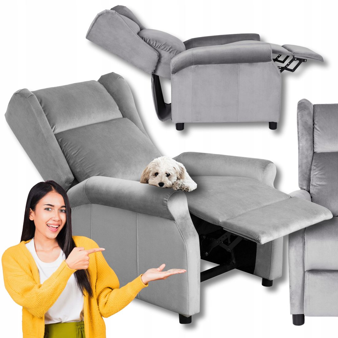 Fotel Wypoczynkowy Rozkładany Uszak Welurowy Velvet Glamour Szary SIMON ...