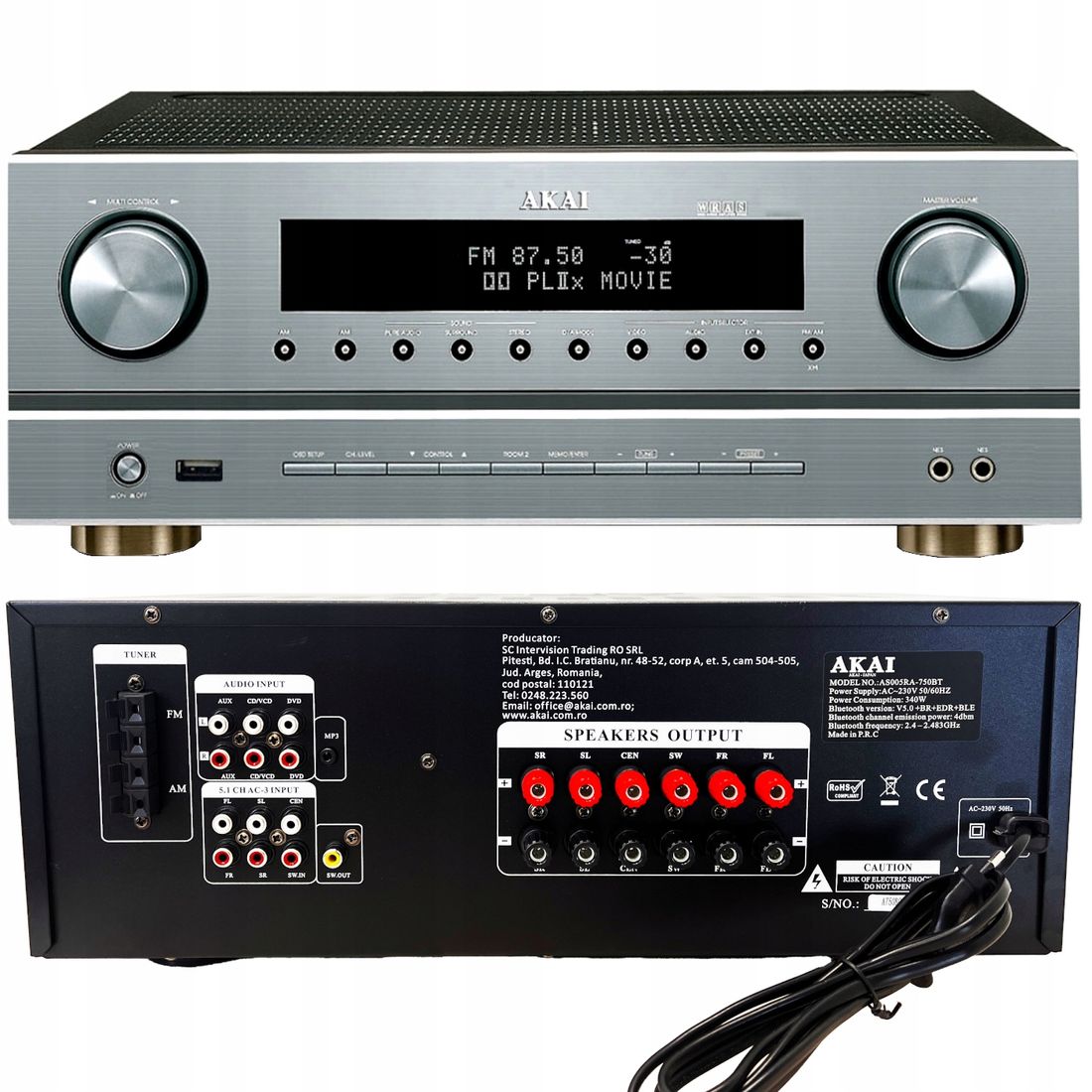 AMPLITUNER 5.1 WZMACNIACZ USB BLUETOOTH RMS 375W AKAI AS005RA-750 + PILOT – 209014955 - ERLI.pl