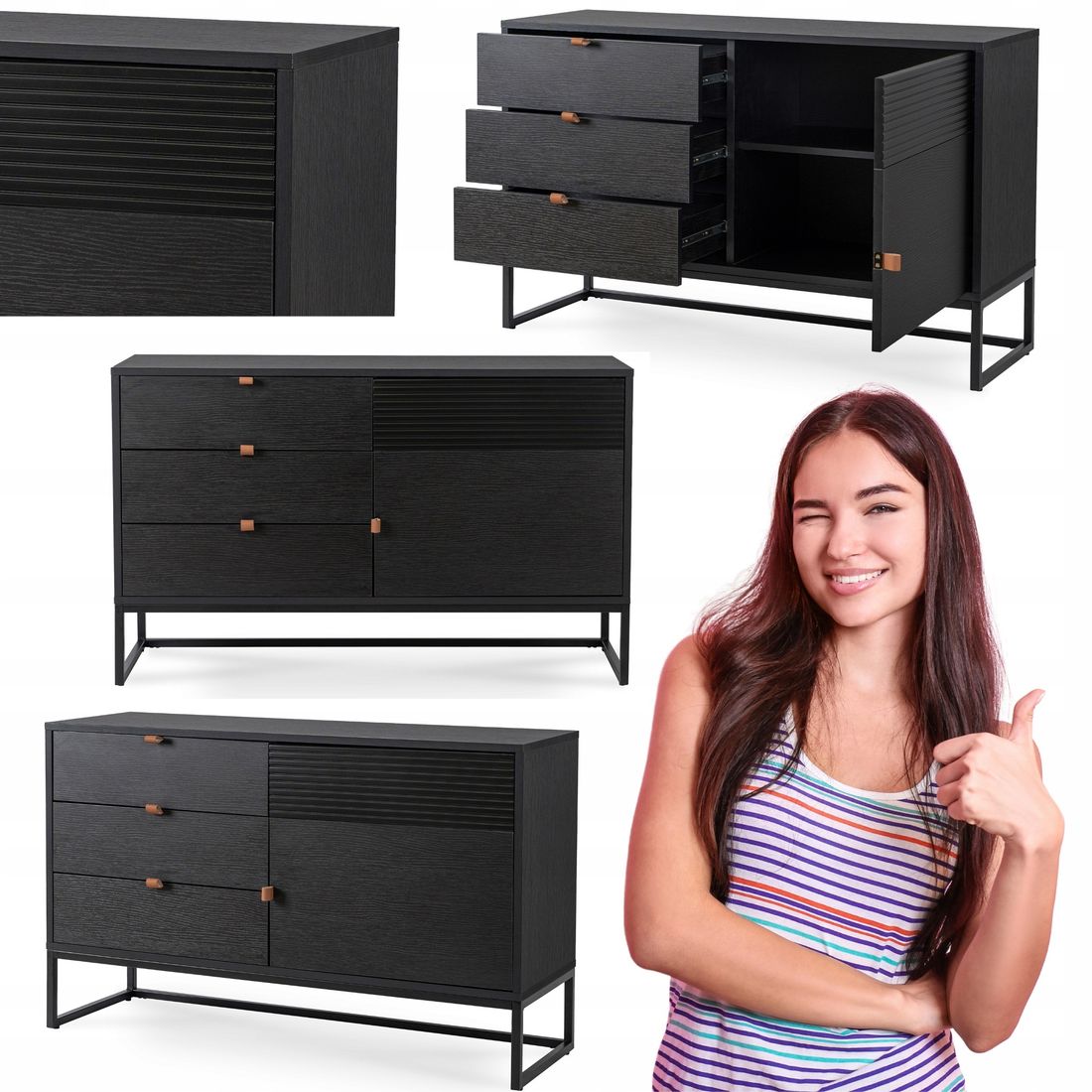 KOMODA Z SZUFLADAMI CZARNA DO PRZEDPOKOJU LOFT ISEO – 209090394 - ERLI.pl