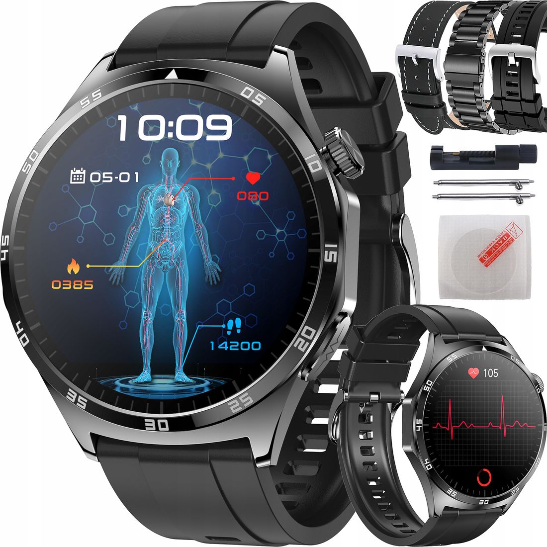 SMARTWATCH ZEGAREK EKG CIŚNIENIOMIERZ Z POMIAREM GLUKOZY SKŁAD KRWI MENU PL - ERLI.pl