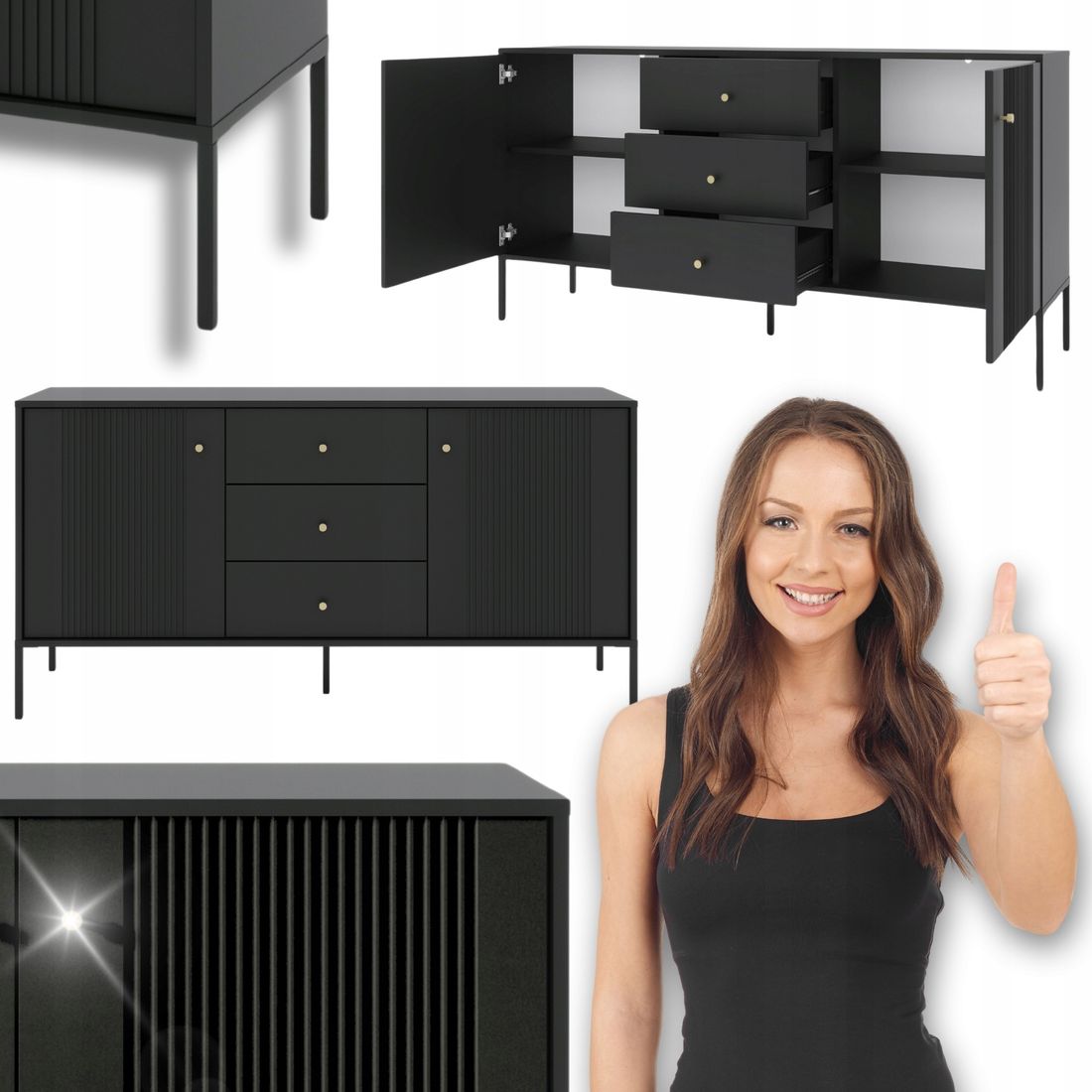 DUŻA KOMODA Z SZUFLADAMI CZARNA DO PRZEDPOKOJU LOFT SOFT – 211961565 - ERLI.pl